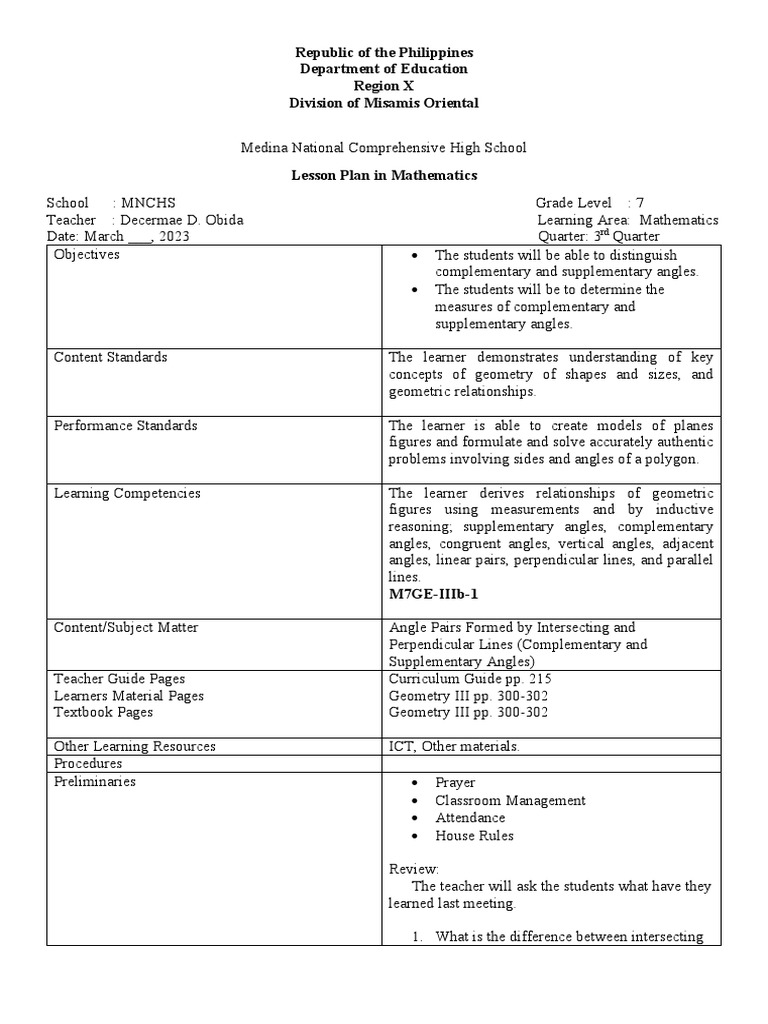 G7 DLP Day 9 | PDF | Line (Geometry) | Angle