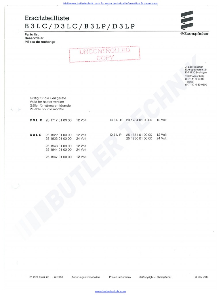 Eberspacher Heater D3LC Compact Spare Parts List (New) | PDF