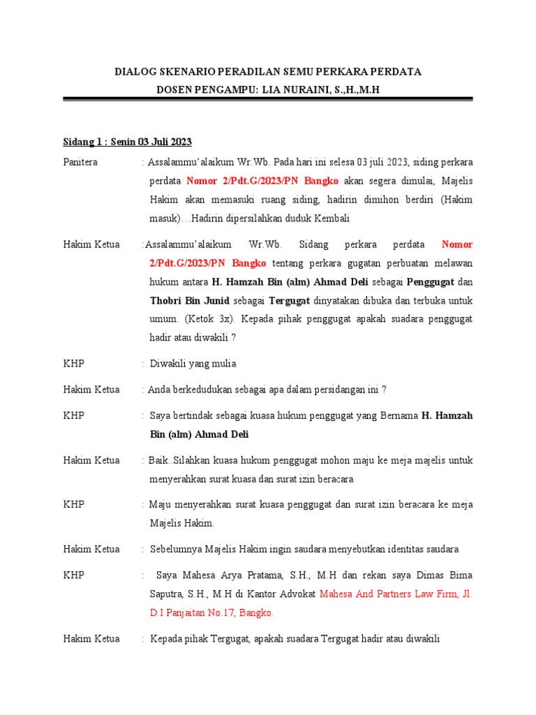 Dialog Skenario Peradilan Semu Perkara Perdata - Kelas A - Kelompok 2 | PDF