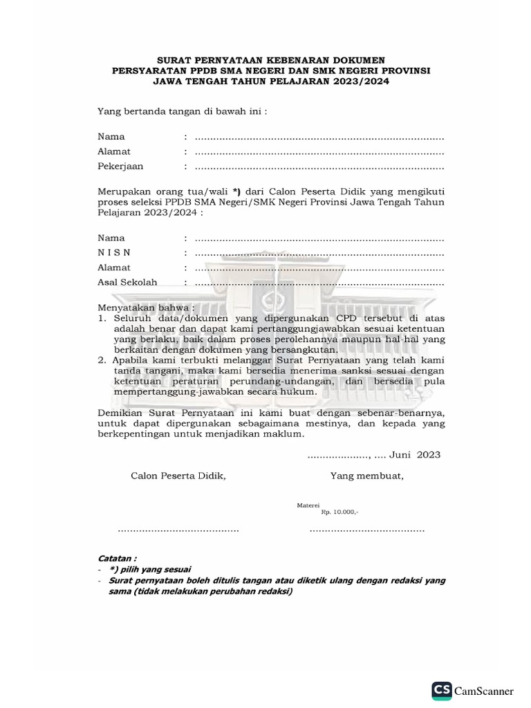 Surat Pernyataan Kebenaran Dokumen PPDB 2023-1 | PDF