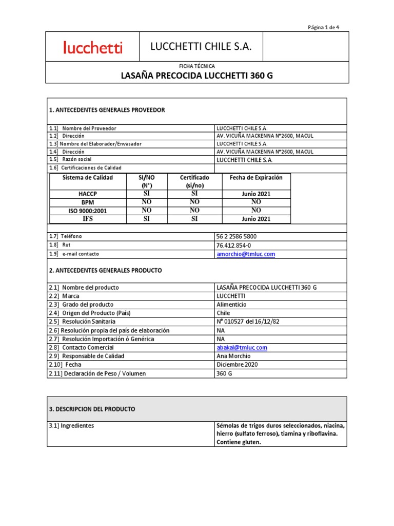 Lasaña Precocida Lucchetti 360 g | PDF | Comida y bebida | Nutrición