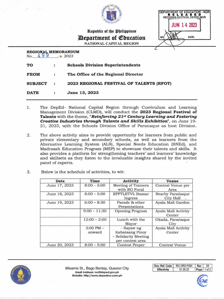 RM 2023 499 2023 Regional Festival of Talents RFOT | PDF