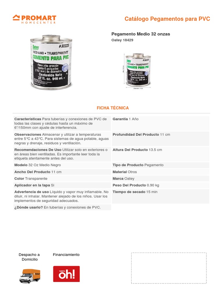 Pegamento PVC Oatey 32oz: Ficha Técnica | PDF