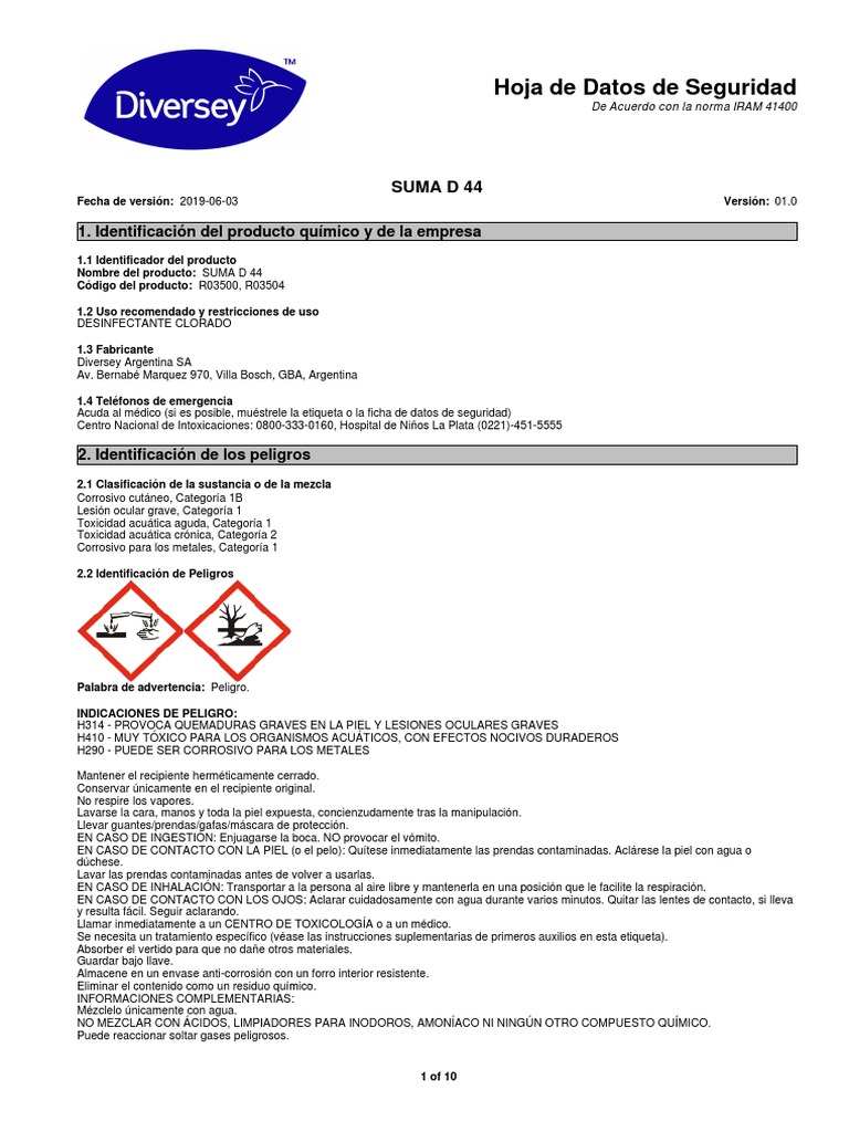 Suma D44 Hoja Seguridad | Descargar gratis PDF | Agua | Toxicología