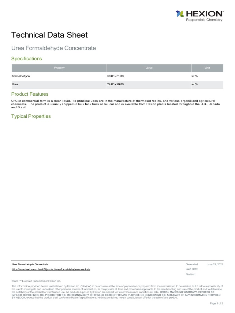 Technical Data Sheet: Urea Formaldehyde Concentrate | PDF ...
