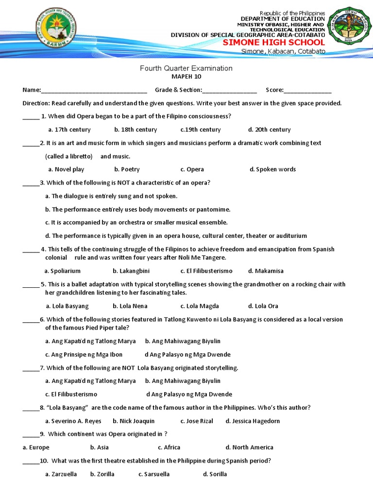 MAPEH 10 Fourth Quarter Exam Guide | PDF | Dances | Musical Theatre