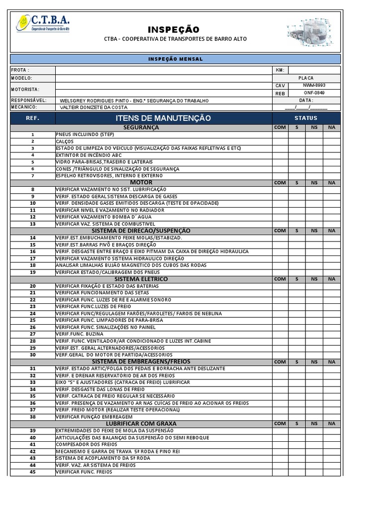 Check List de Inspeção Mensal | PDF | Bens manufaturados | Veículos ...