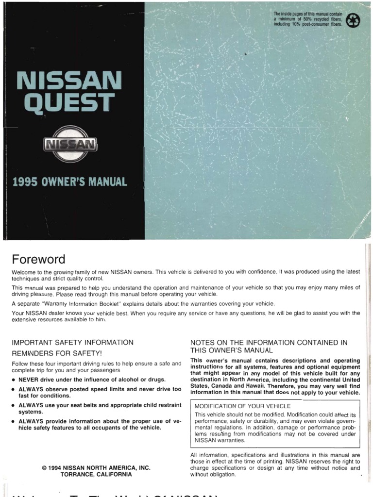 Nissan Quest 1995 Owners User Manual PDF Download | PDF