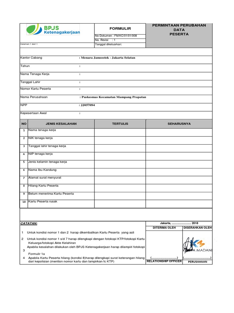 Formulir Perubahan Data Peserta | PDF
