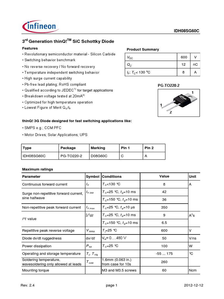 Infineon IDH08SG60C DS v02 - 04 en 1131118 | Download Free PDF | Diode | Capacitor