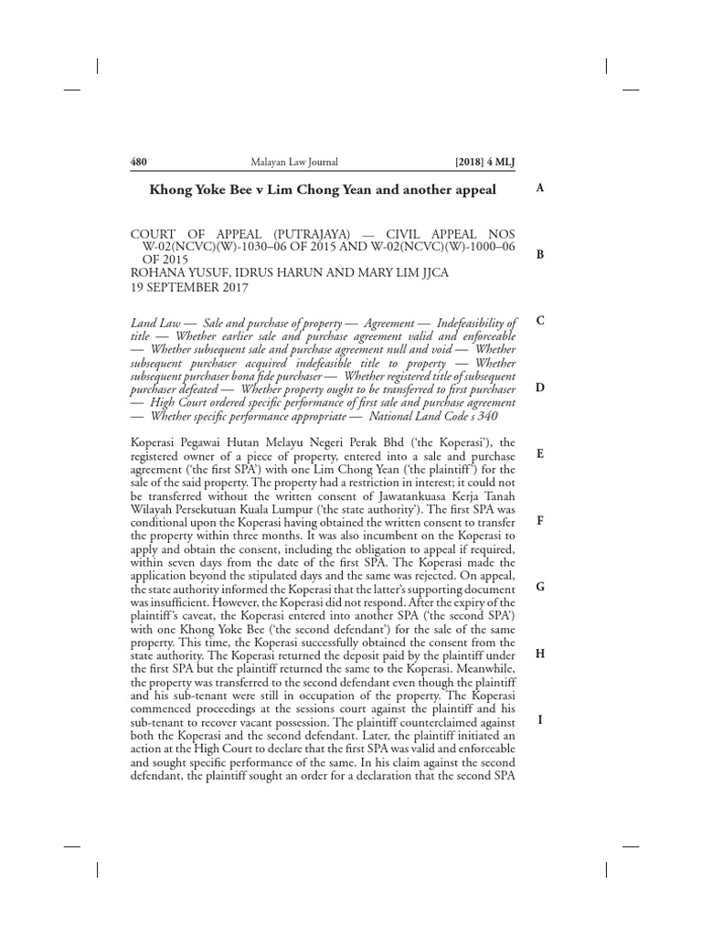Khong Yoke Bee V Lim Chong Yean and Another Appeal | PDF | Legal Remedy ...