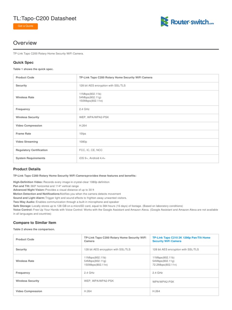 Tapo c200 Datasheet | PDF | Wi Fi | Ieee 802.11