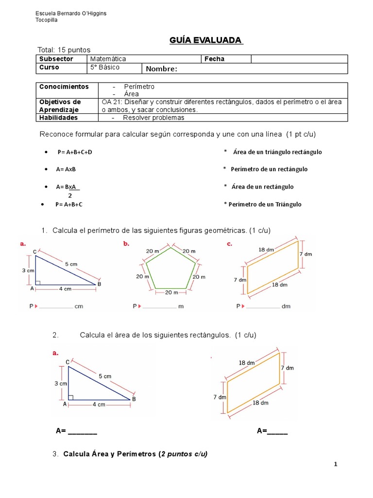 Guía de Matemáticas: Perímetro y Área 5° Básico | PDF
