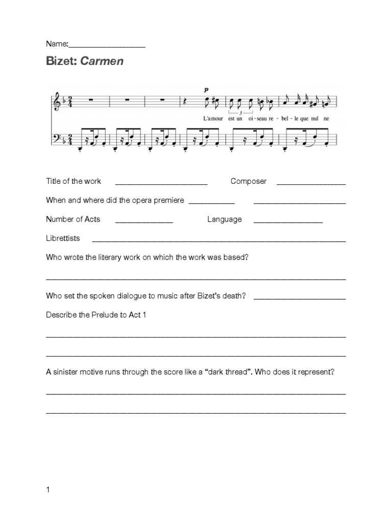 Bizet Worksheet | Download Free PDF | Carmen | Compositions Bizet Worksheet | Download Free PDF | Carmen | Compositions