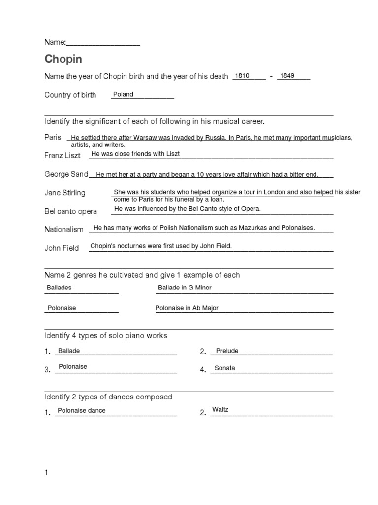 Chopin Worksheet | PDF | Frédéric Chopin | Musical Compositions