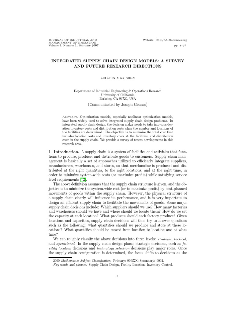 Integrated Supply Chain Design - Models - A - Survey and Future ...