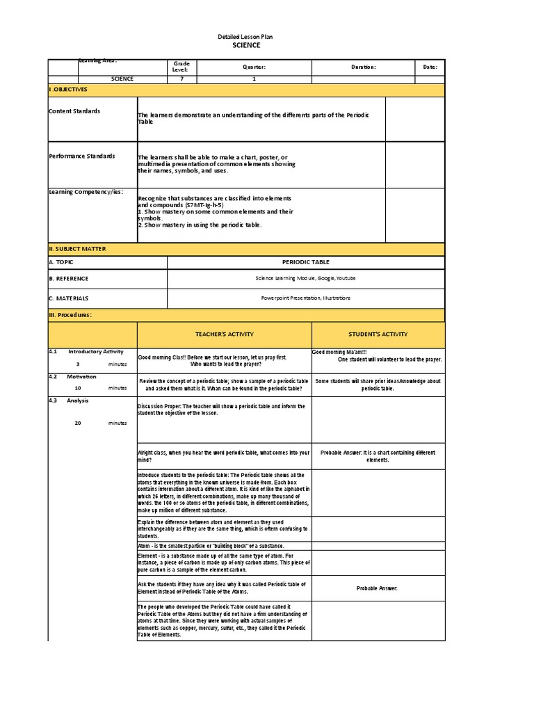 Detailed Lesson Plan New Gagnes Nine Events | PDF | Chemical Elements ...