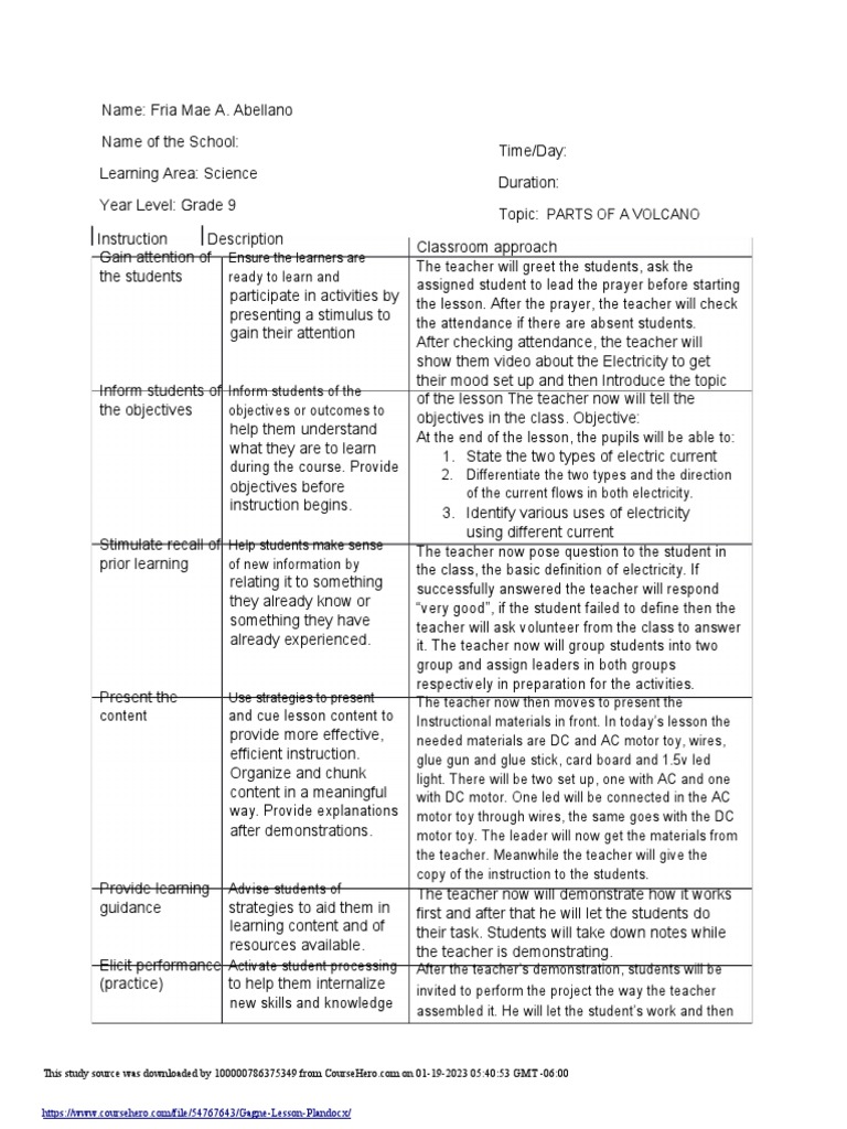 Gagne Lesson Plan | PDF | Teachers | Learning