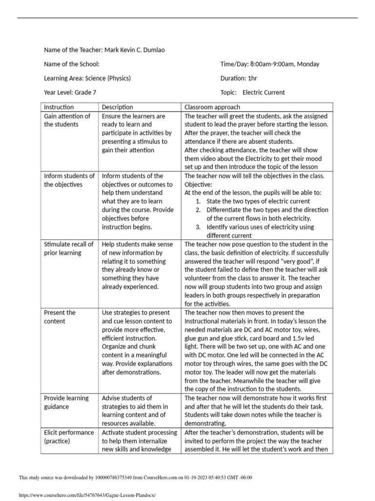 Gagne Lesson Plan | Download Free PDF | Teachers | Learning