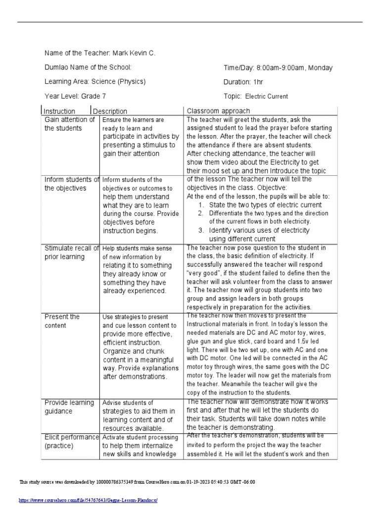 Gagne Lesson Plan | PDF | Teachers | Learning