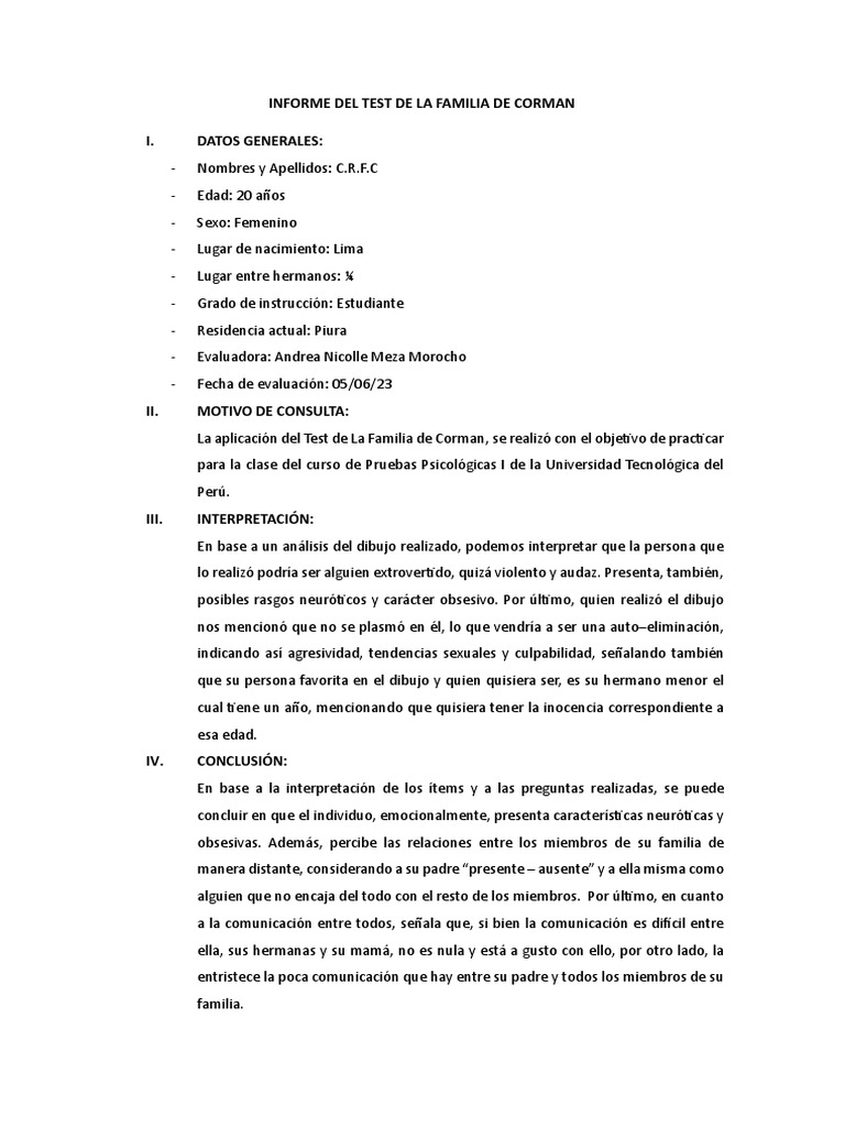 Informe Del Test de La Familia de Corman | PDF | Neurosis | Sicología