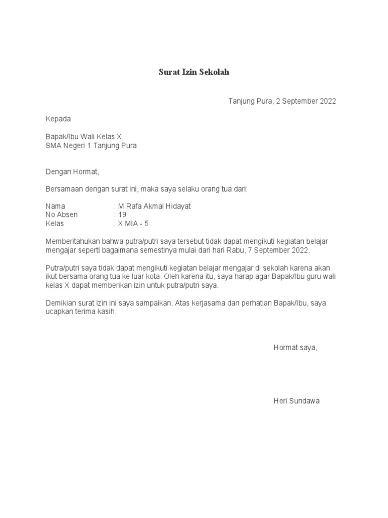 Surat Izin Sekolah | PDF