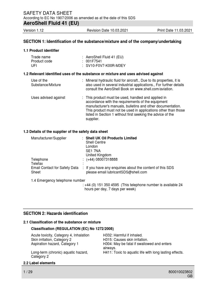 AeroShell Fluid 41 Safety Data Sheet | PDF | Personal Protective ...