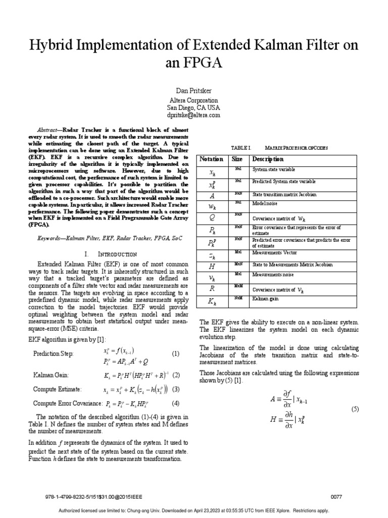Hybrid Implementation of Extended Kalman Filter On An FPGA | PDF ...
