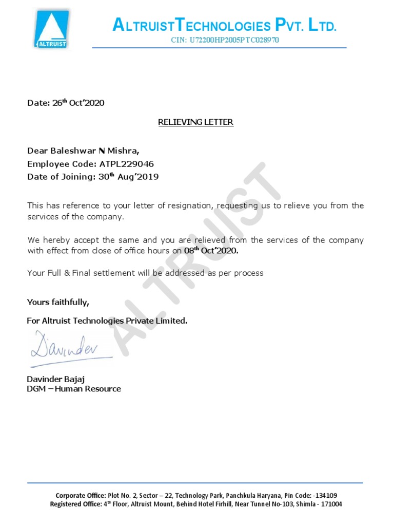 Relieving Letter | PDF