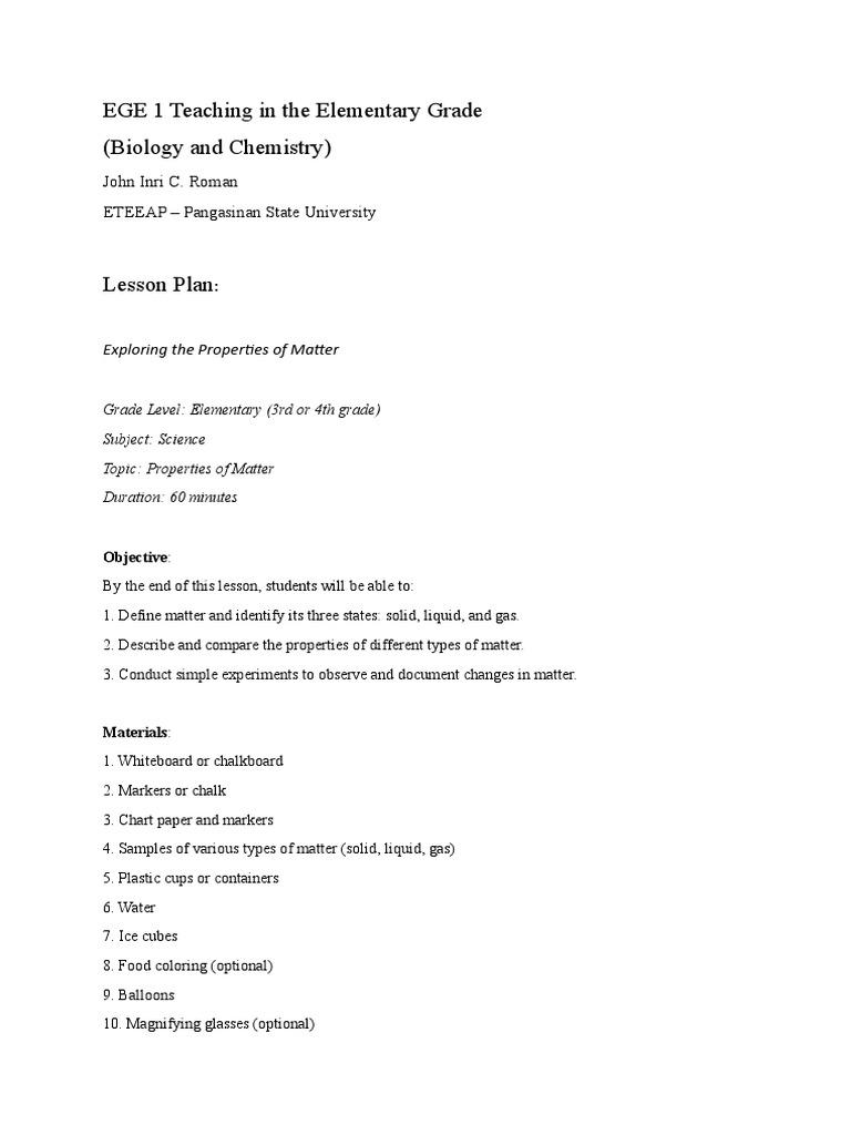EGE 1 Lesson Plan | PDF | Matter | Gases