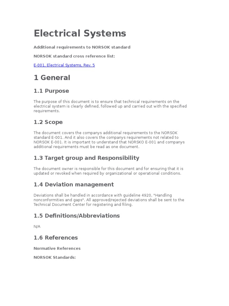 Electrical Systems Electrical Systems Additional Requirements To Norsok ...