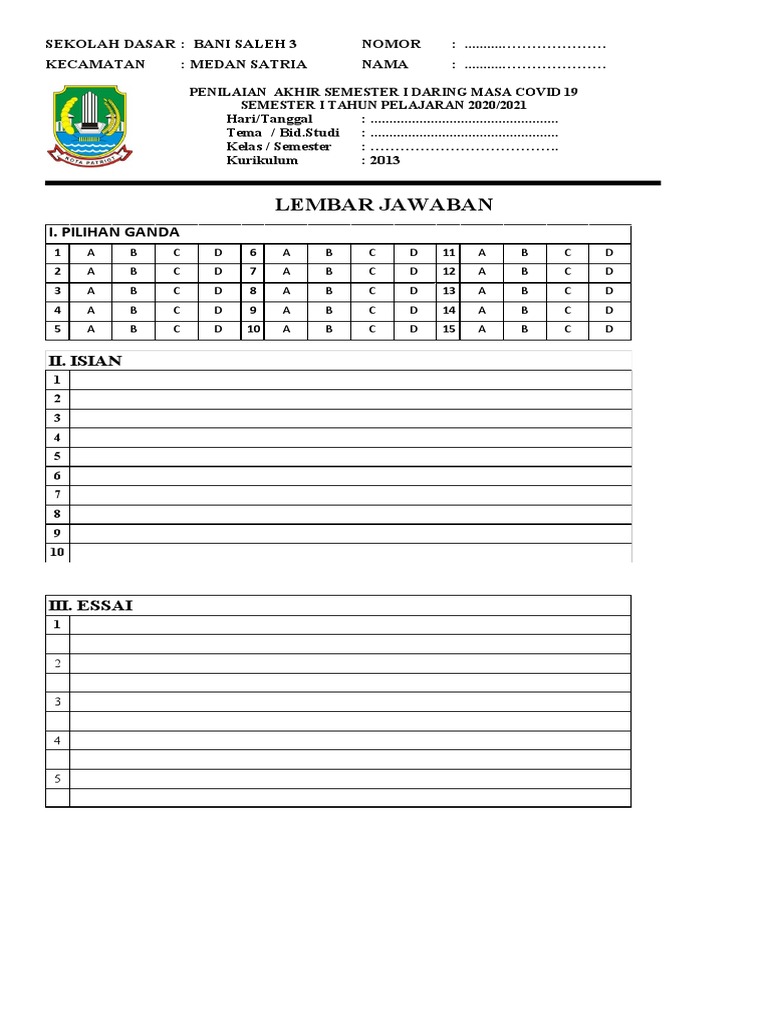 Lembar Jawab PG 15, Isian 10, Essai 5 | PDF