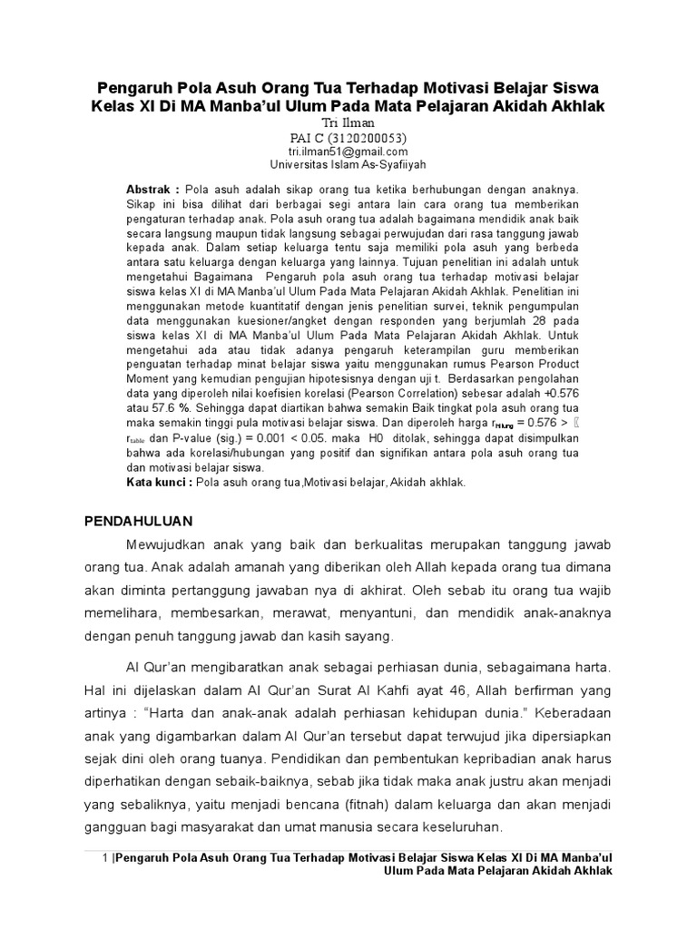 ARTIKEL METLIT-Pengaruh Pola Asuh Orang Tua Terhadap Motivasi Belajar Siswa Kelas XI Di MA Manba ...