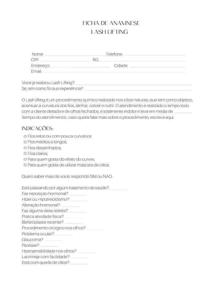 Ficha de Anamnese Lash Lifting | PDF | Alergia | Especialidades médicas