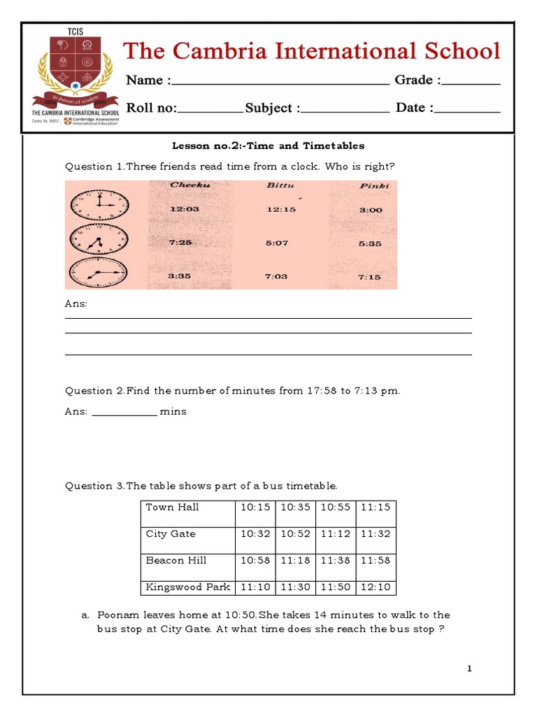 Sample Worksheet of Mathematics Grade 4 Lesson 2 Time and Timetables ...