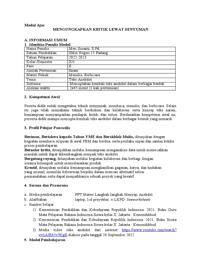 MODUL AJAR Mencipta Teks Anekdot Meri Susanti Ok | PDF
