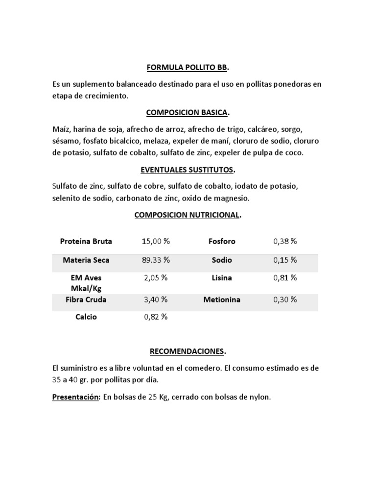 Formula Pollito BB | PDF | Salud y bienestar | Ciencia y matemáticas