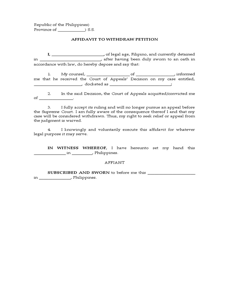 Affidavit of Withdrawal-BLANK | PDF