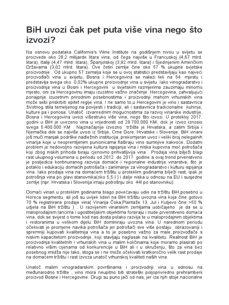 Trziste Vina U BiH 2018 | PDF