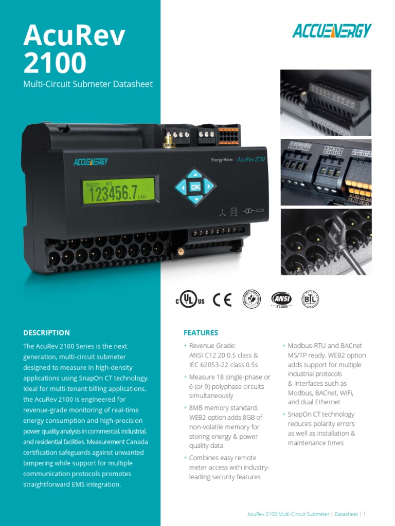 AcuRev 2100 Multi Circuit Submeter Datasheet | PDF | Ac Power | Power Supply