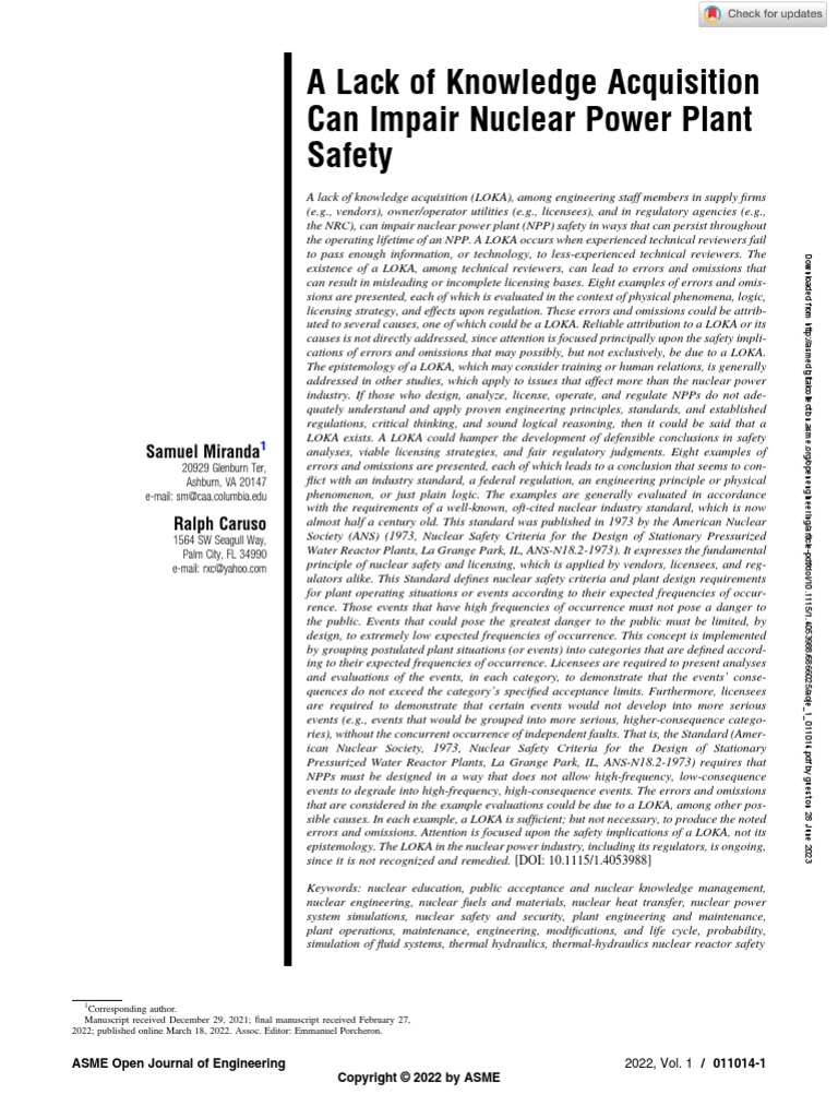 A Lack of Knowledge Acquisition Can Impair Nuclear Power Plant Safety ... A Lack of Knowledge Acquisition Can Impair Nuclear Power Plant Safety ...
