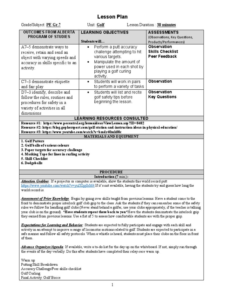 Golf Lesson Plan | PDF | Learning | Teachers