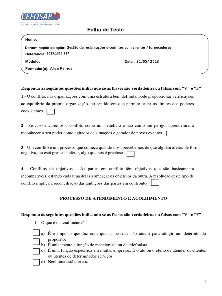 Avaliação UFCD 1602 1 junho 2023 | PDF | Comunicação