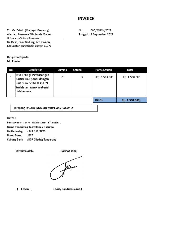Invoice Jasa Pemasangan Partisi Wall Panel | PDF