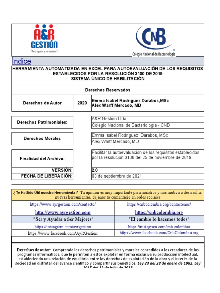 Herramienta para La Autoevaluacion Requisitos Res 3100 de 2019 CNB A 0R | Descargar gratis PDF ...