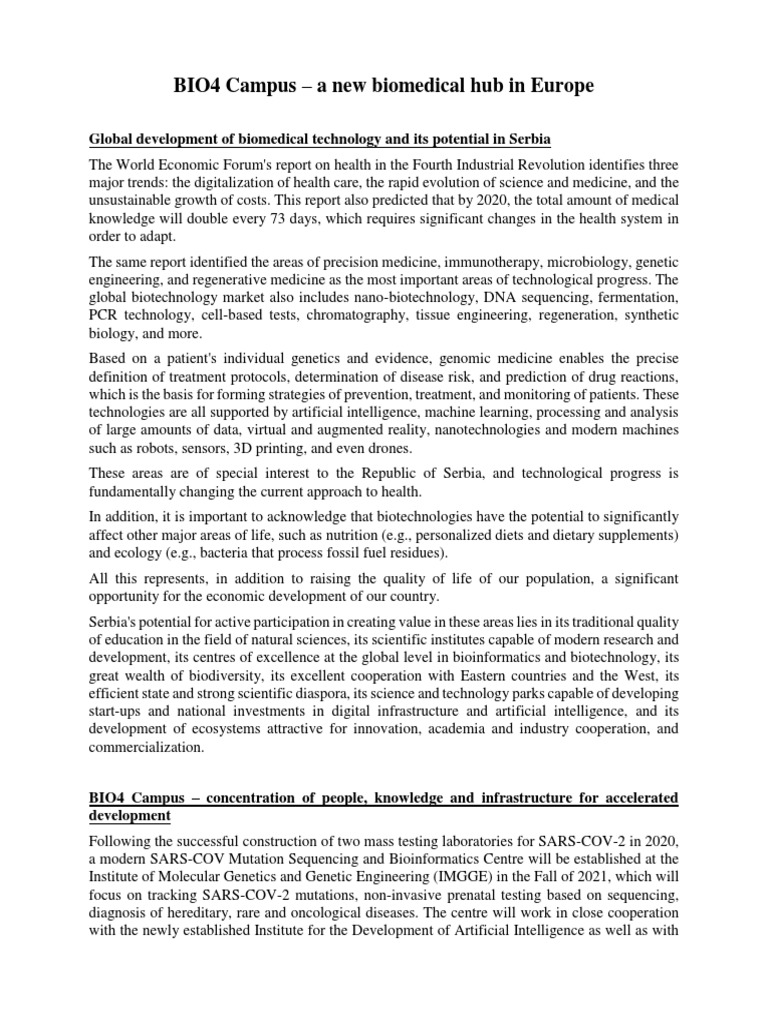 BIO4 Campus: Serbia's Biomedical Innovation Hub | PDF | Biotechnology ...