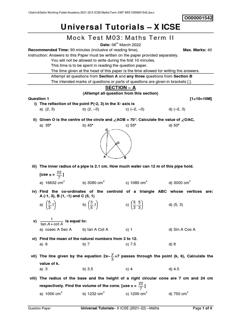 Universal Tutorials - X ICSE: Mock Test M03: Maths Term II | PDF ...