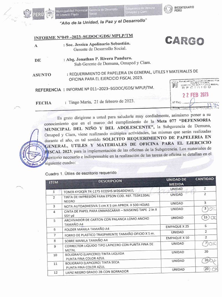Informe 049 de Demuna Requerimiento de Materiales de Escritorio y ...