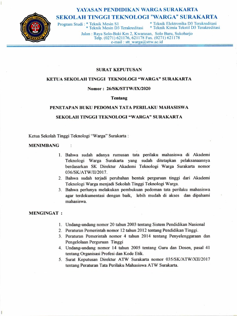 SK Penetapan Buku Pedoman Kode Etik Mahasiswa | PDF