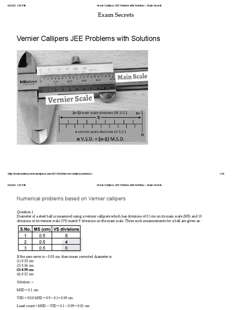 Vernier Callipers JEE Problems With Solutions - Exam Secrets | PDF ...